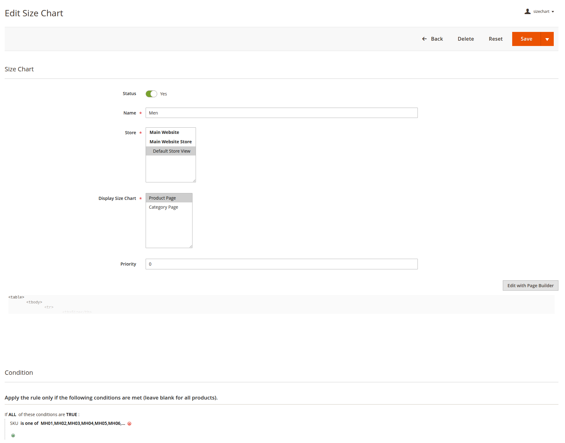 Size Chart for Magento 2